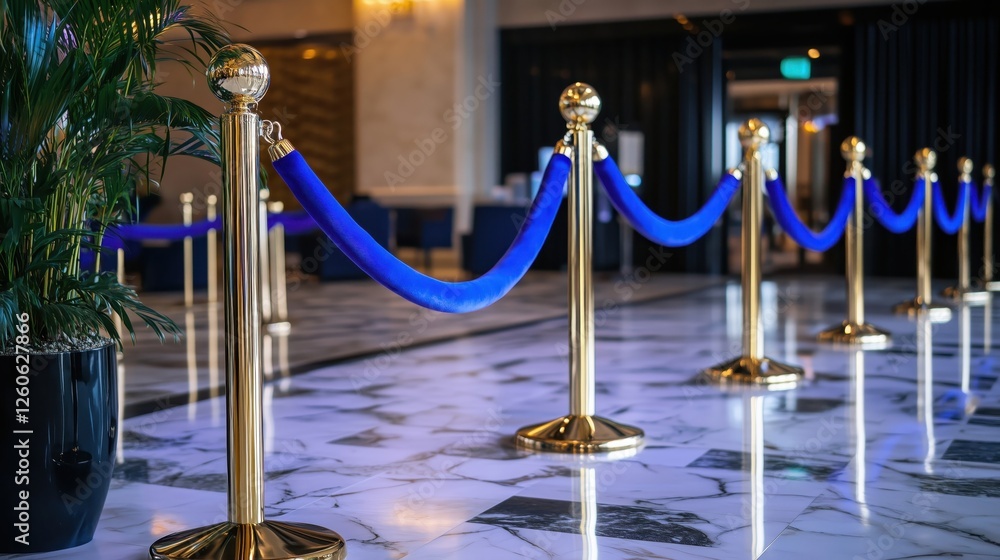 Golden poles with blue velvet ropes creating a vip area in a luxury ...