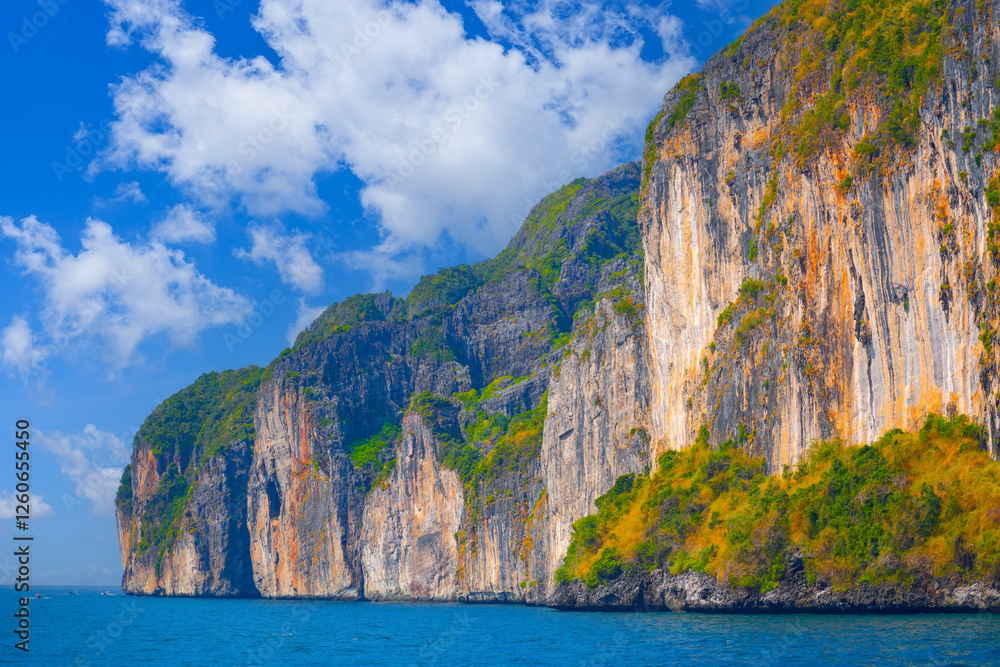 Limestone cliffs on islands in the Andaman Sea, a popular and ...
