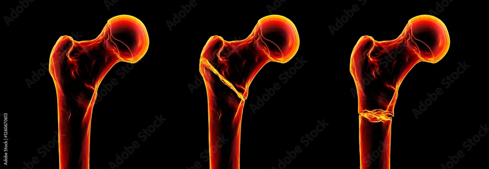 Femur fracture types: normal femur, intertrochanteric fracture, and subtrochanteric fracture, 3D ...