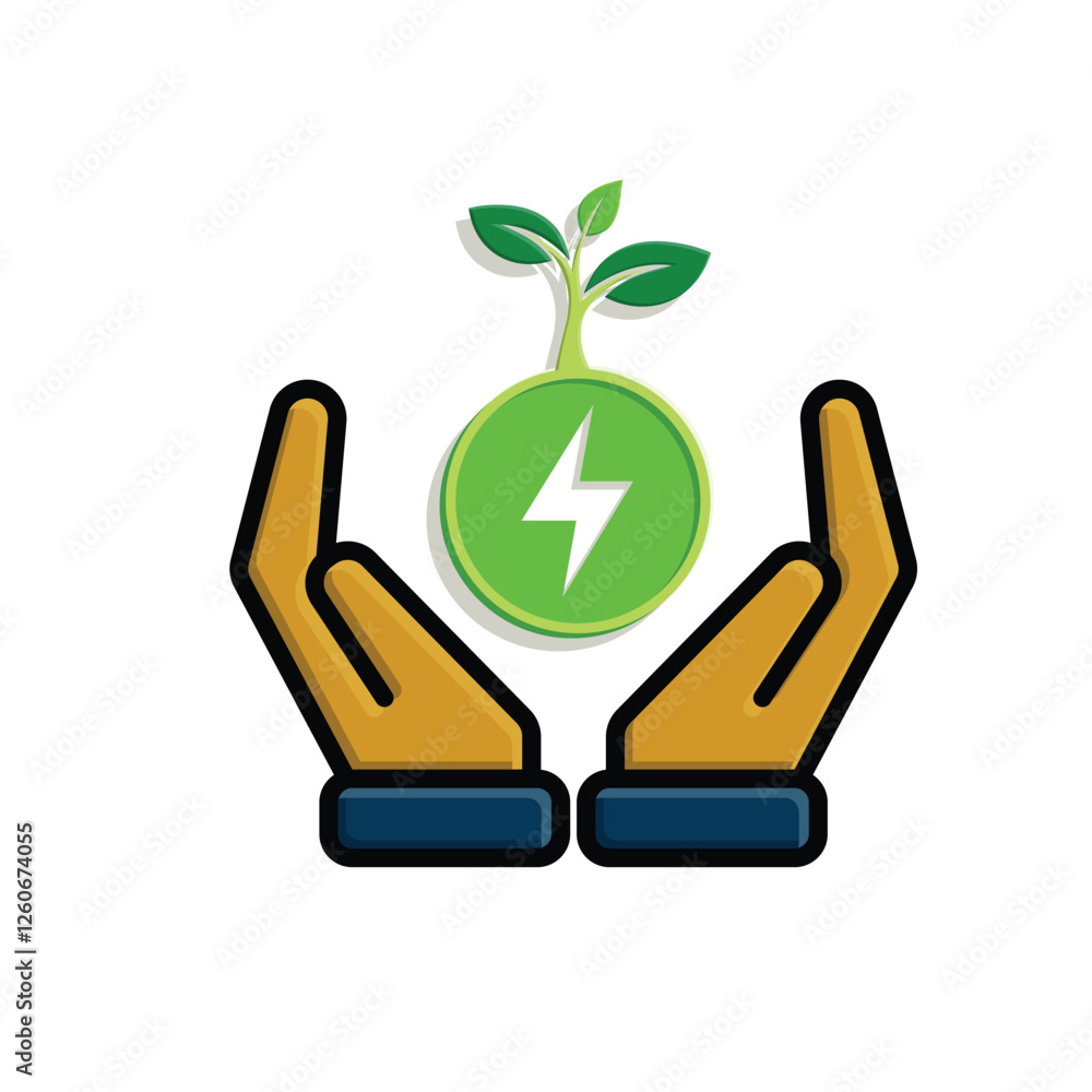 sustainable icon. green energy vector in hand. tree and lightning ...