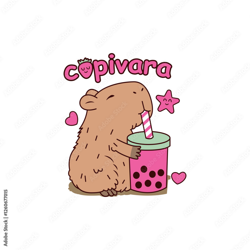 Capybara. Written in portuguese, pink and below a cute capybara ...