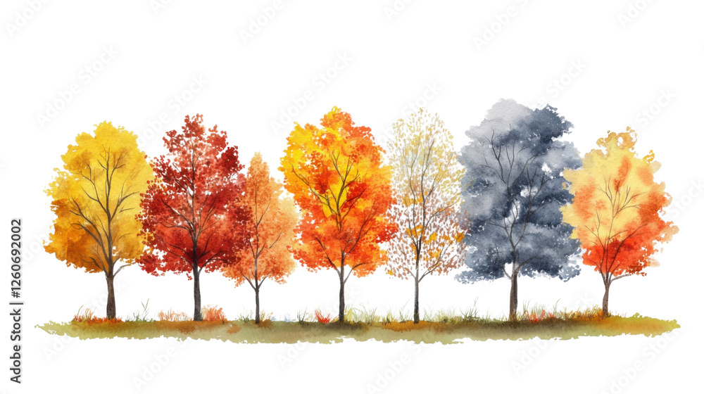 Watercolor painting showing the changing colors of autumn trees with ...