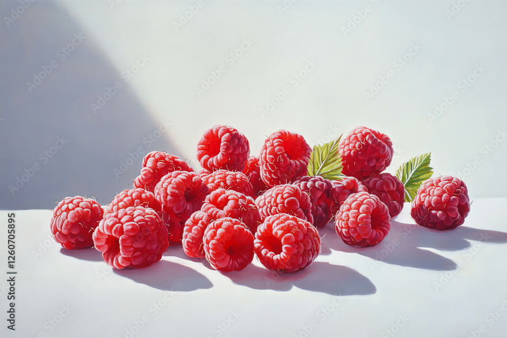 Highlight the rich hues and delicate shapes of raspberries kissed by ...