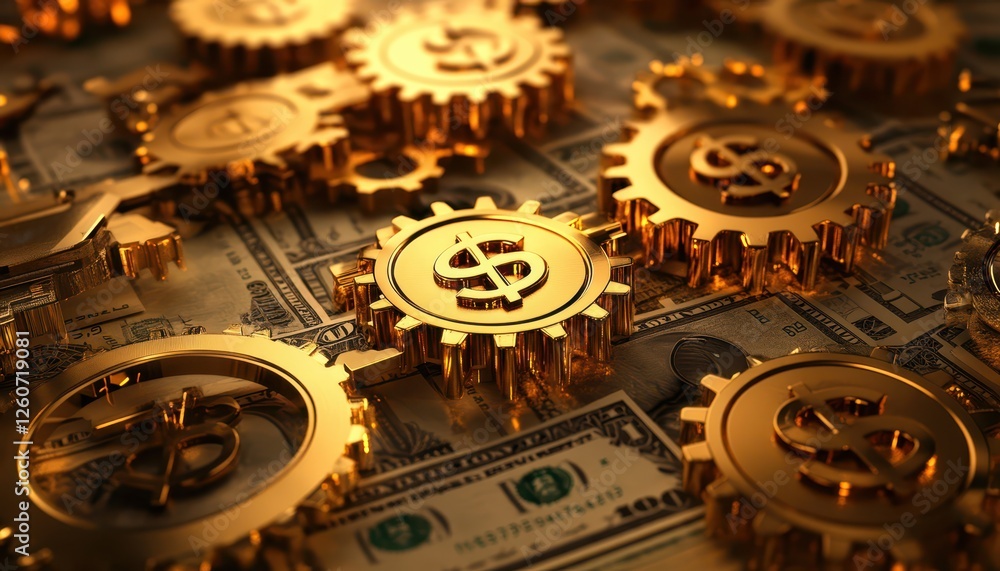 Golden gears interlocking with currency symbols, financial system ...