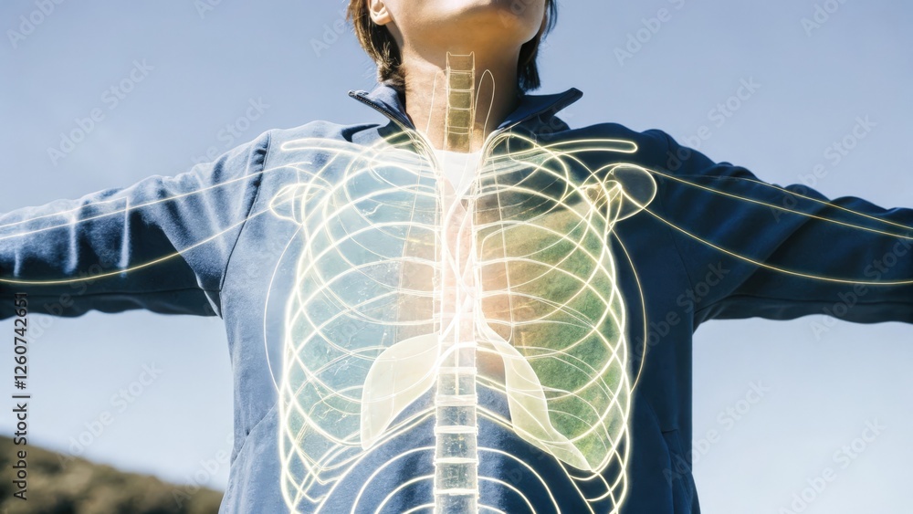 The upper body of a biohacker is enveloped in vibrant AR overlays that ...