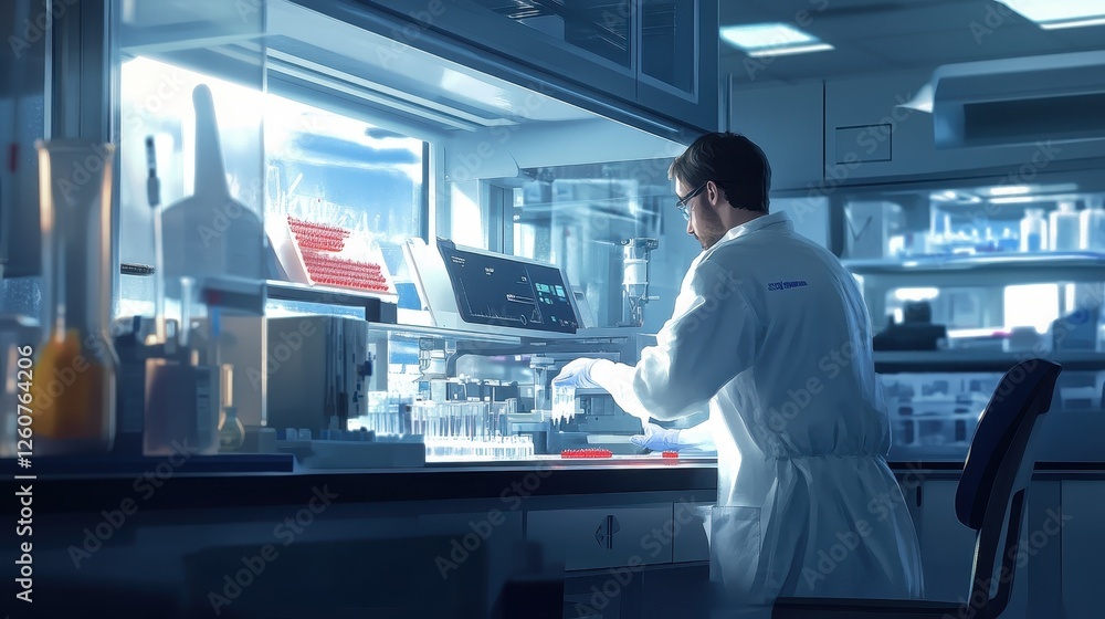 Technician preparing human cell samples under a laminar flow hood in a ...