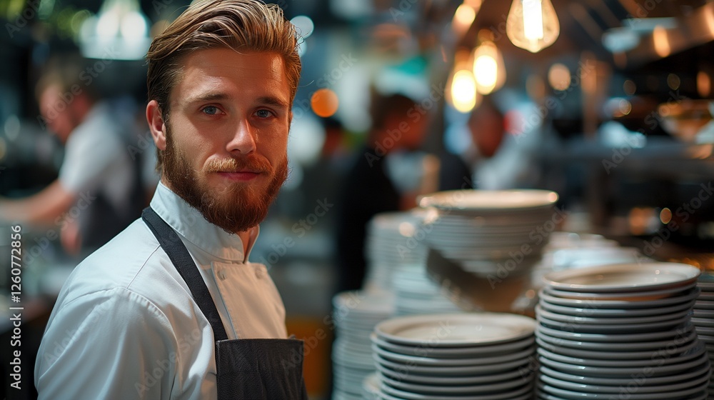 Male chef in white uniform and apron poses confidently in busy kitchen ...