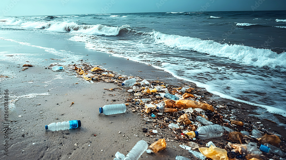 Polluted beach with plastic bottles, bags, and other waste washed ...