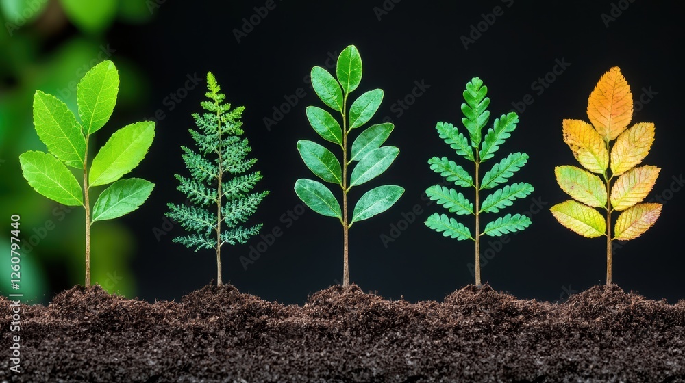 Growing leaves in soil, representing different stages of development ...