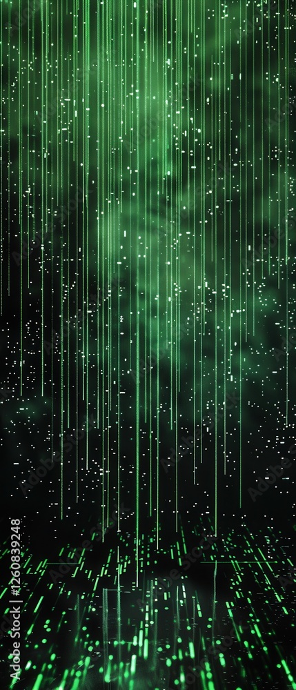 Digital rain sound waves in matrix green, vertical frequency cascades ...
