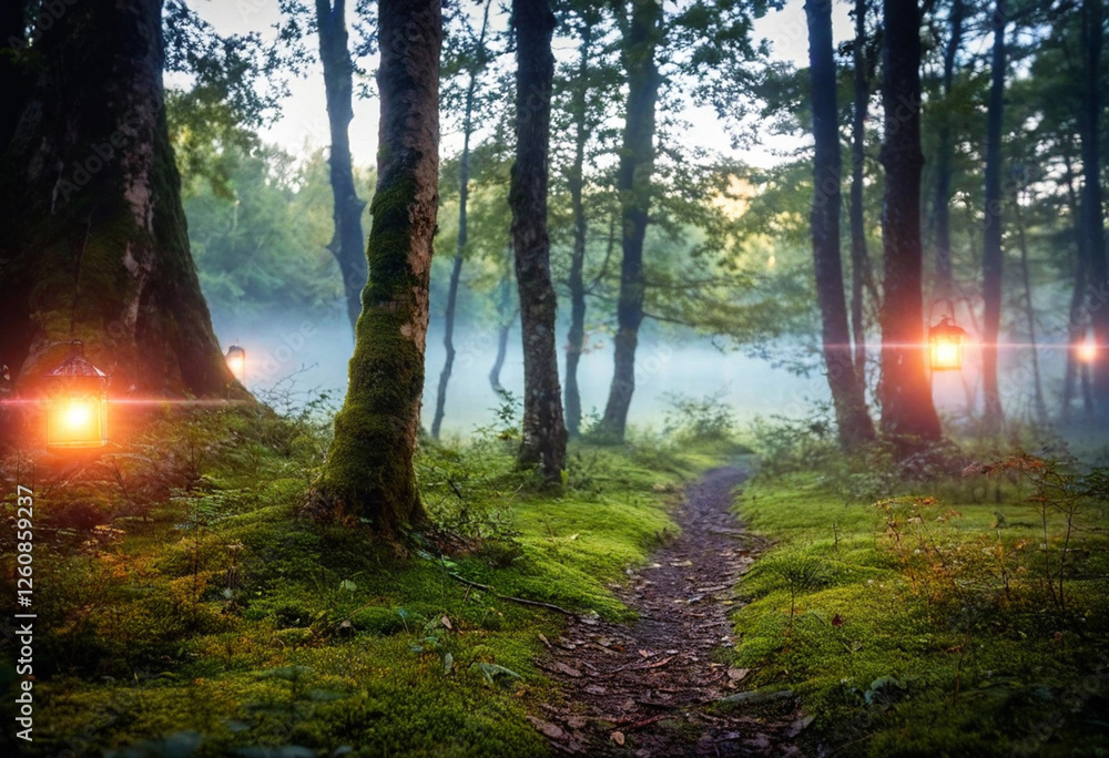 Enchanted forest with floating lanterns and mystical creatures hidden ...
