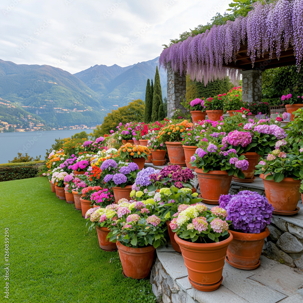 Lush Italian villa garden in full spring bloom overlooking Lake Como ...
