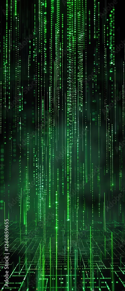 Matrix green digital rain cascades into a void black depth, vertical ...
