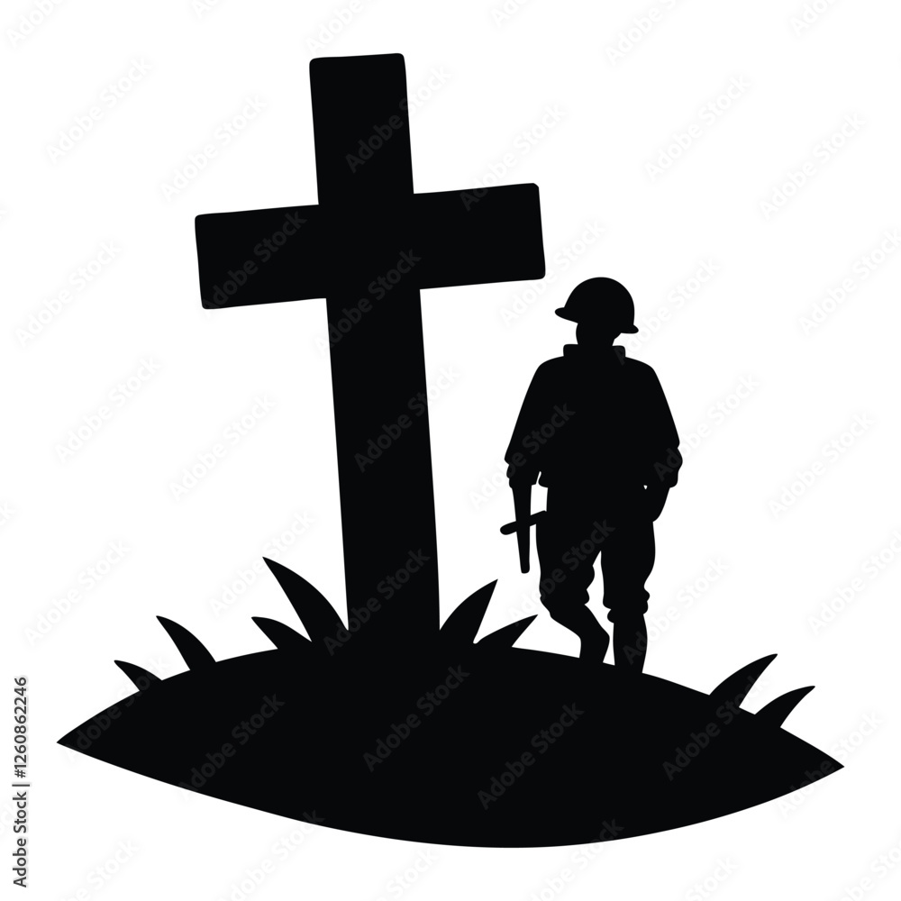 A silhouette of a cross honoring a fallen soldier, symbolizing ...