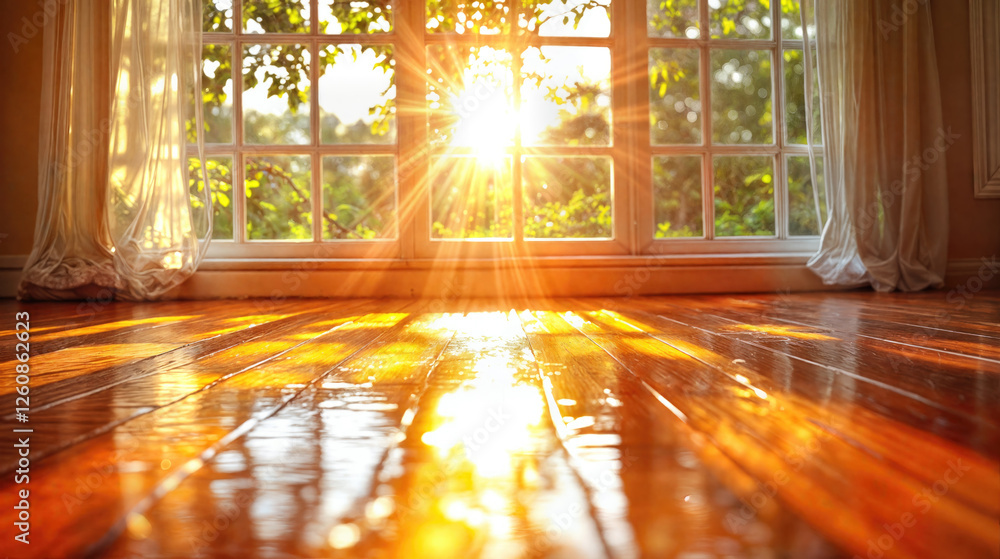 Golden sunlight rays beam through window onto polished hardwood floor ...