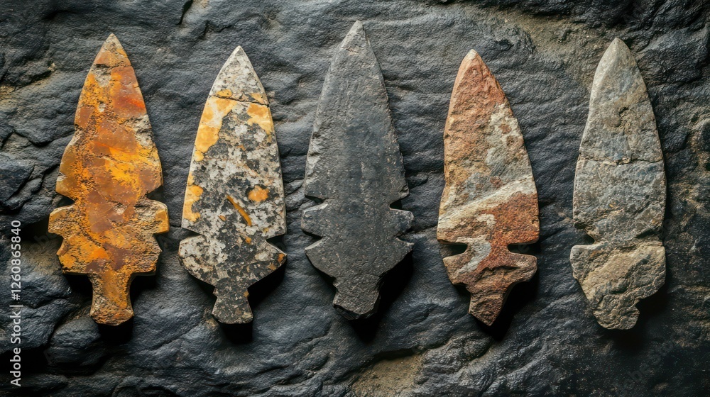 Five ancient arrowheads on dark stone background. Possible use History ...