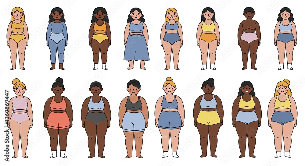 Diverse Female Body Types Illustration Line Art Cartoon Women on White ...