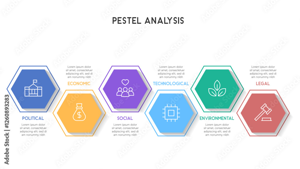 PESTEL Analysis Infographic with Hexagonal Sections and Icons Stock ...