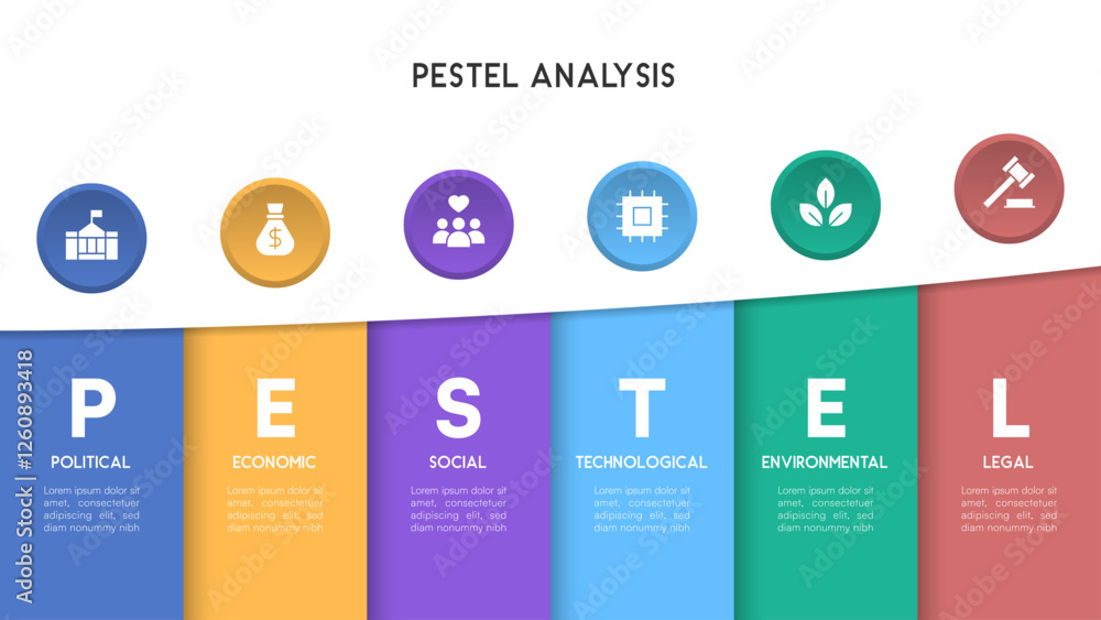 PESTEL Analysis Infographic with Bold Vertical Blocks and Simple Icons ...
