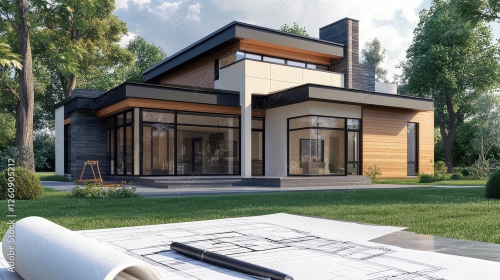 Modern Home Design Approved, Blueprint with Pen and Rolled Plans, Ready ...