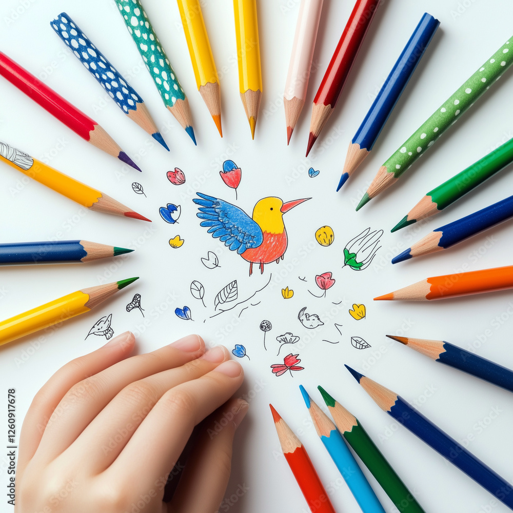 Drawing of a bird is surrounded by a circle of colored pencils ...