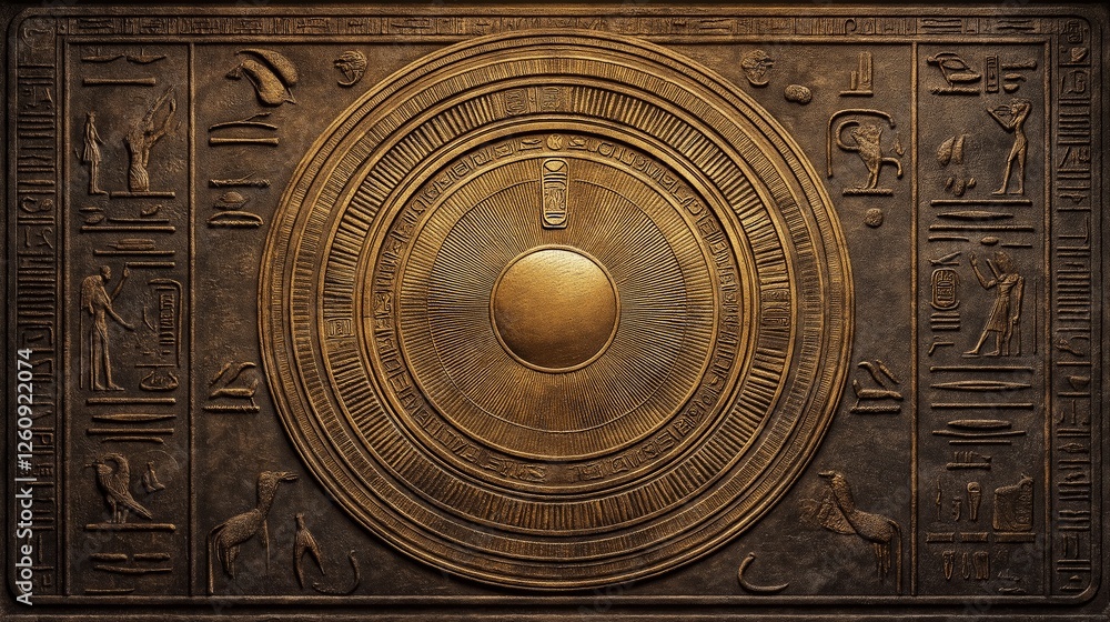Ancient Egyptian-Inspired Circular Relief with Hieroglyphs and Symbolic ...