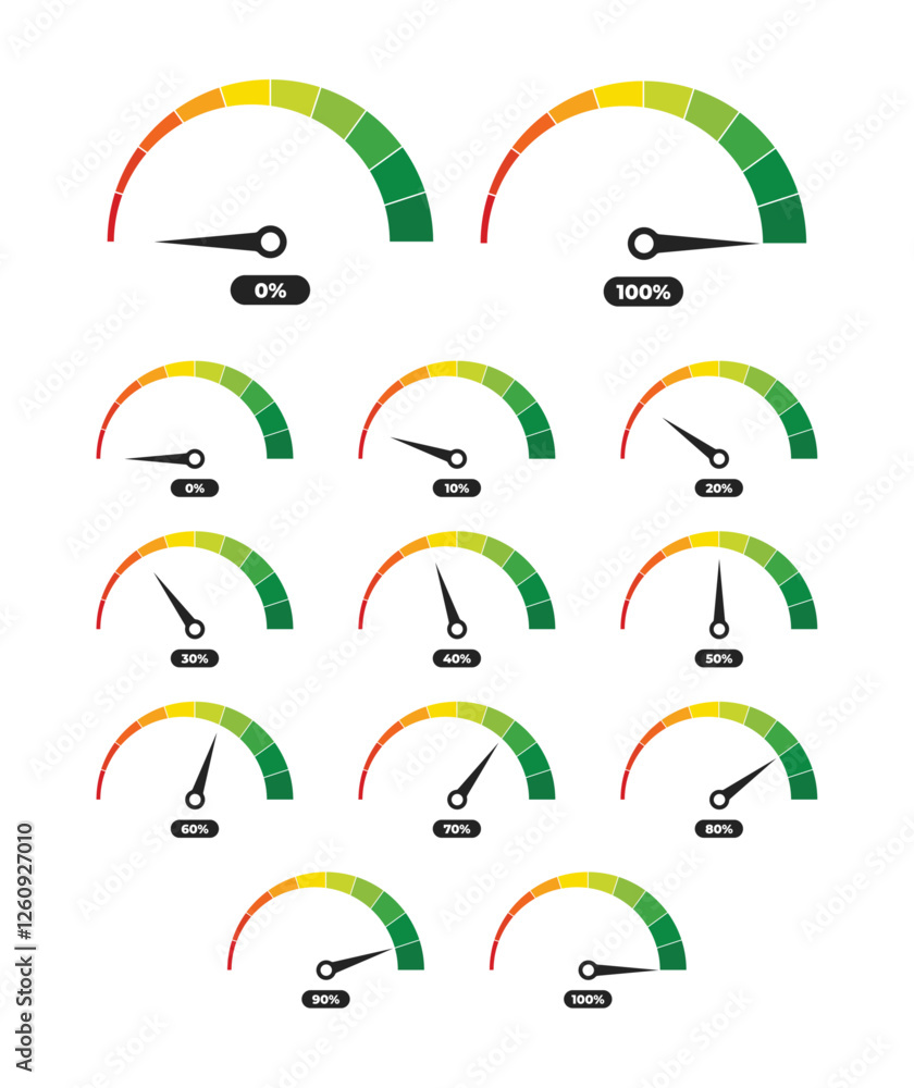 Speedometer, gauge meter icons. Vector scale, level of performance. Speed dial indicator . Green ...