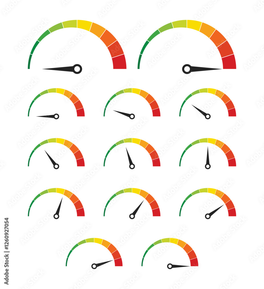Speedometer, gauge meter icons. Vector scale, level of performance ...