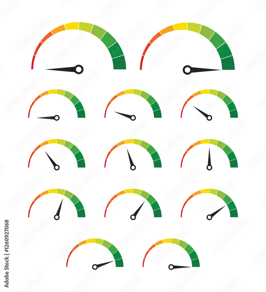 Speedometer, gauge meter icons. Vector scale, level of performance. Speed dial indicator . Green ...