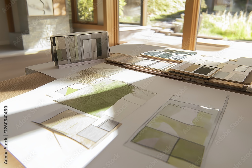 Bright workspace showcases home renovation design process with sketches ...