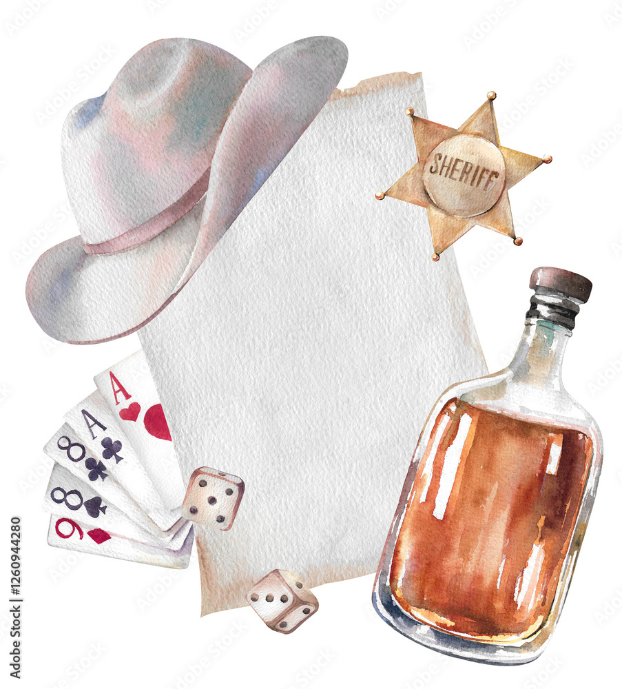 watercolor old empty sheet of paper with cowboy hat, whiskey, sheriff ...