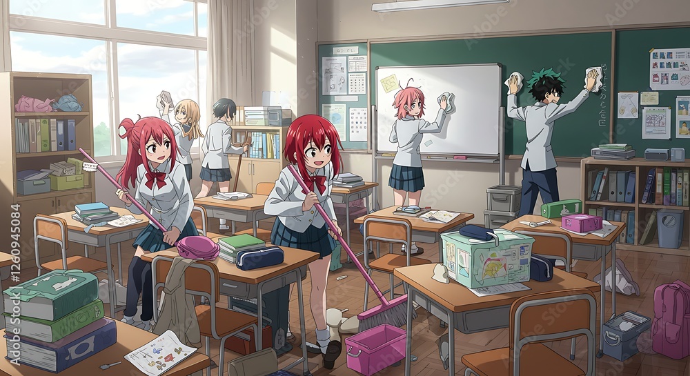 Anime Students Cleaning Classroom Together After School with Mops and ...