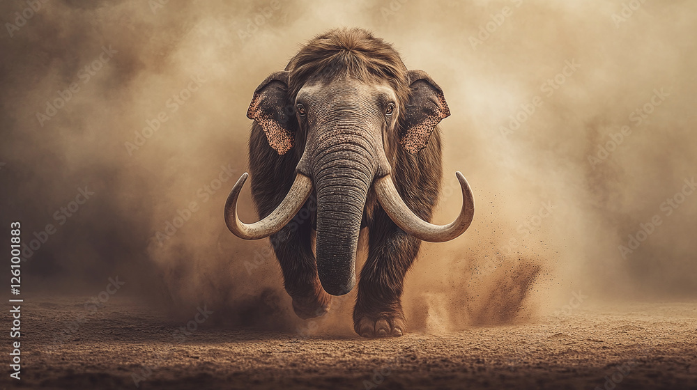 Majestic prehistoric woolly mammoth strides through a dusty landscape ...
