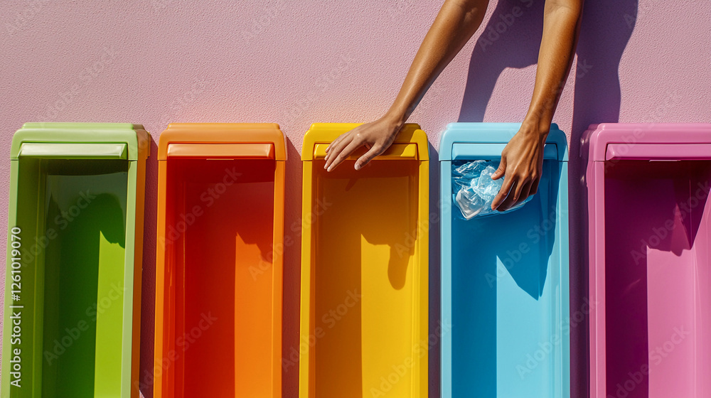 Set of recycling bins in vibrant, trendy colors for different waste ...