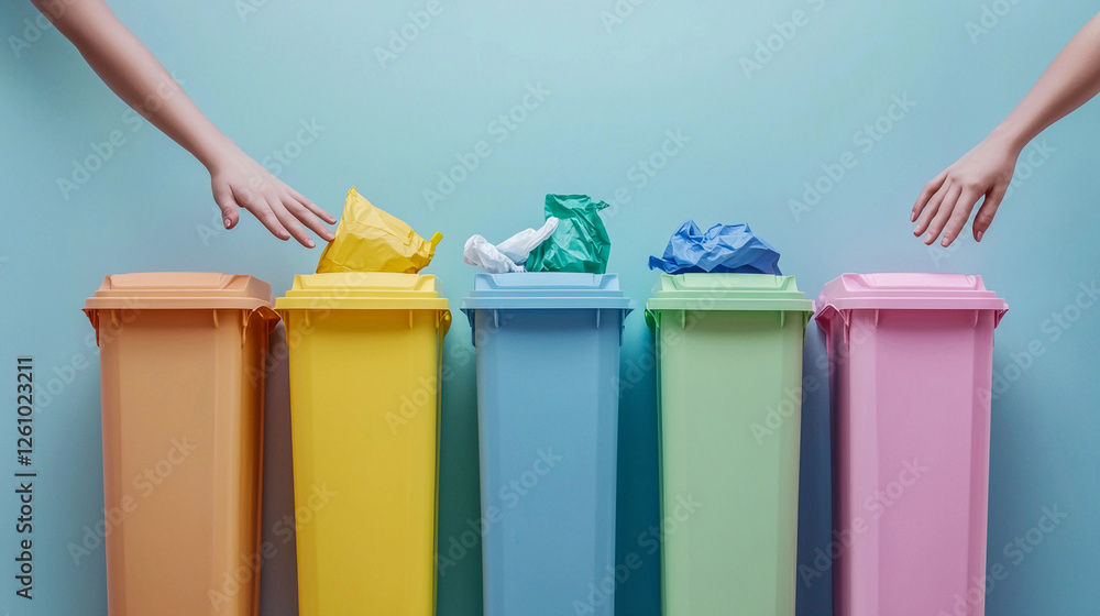 Set of recycling bins in vibrant, trendy colors for different waste ...