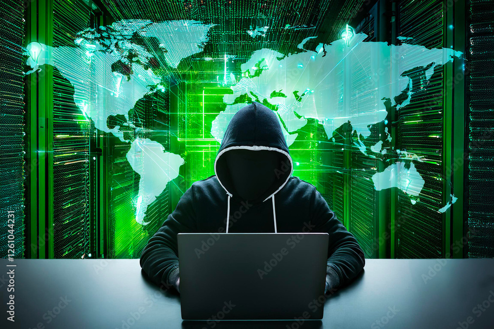 Hacker using laptop to launch a global cyberattack, visualized by world ...