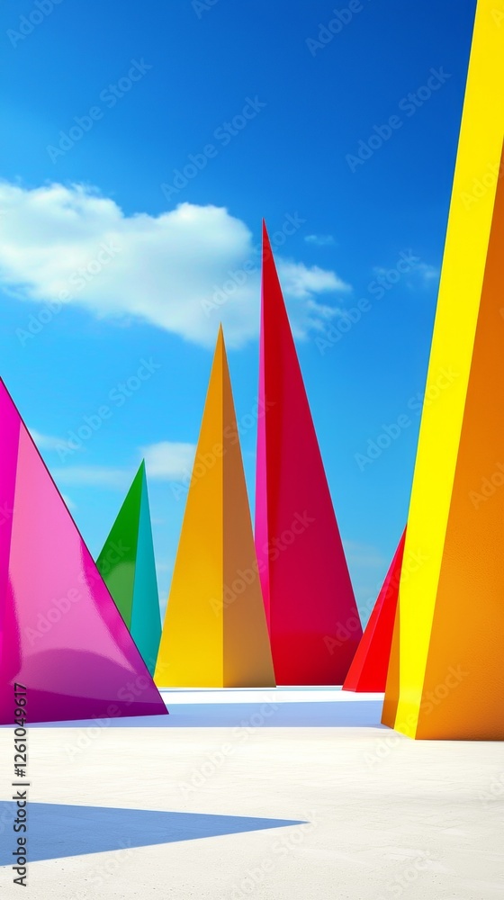 Colorful triangular shapes rising from a white surface under a bright ...