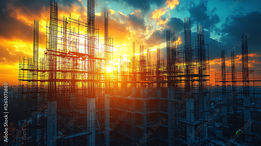 Dramatic sunset over a largescale construction site. Steel framework ...