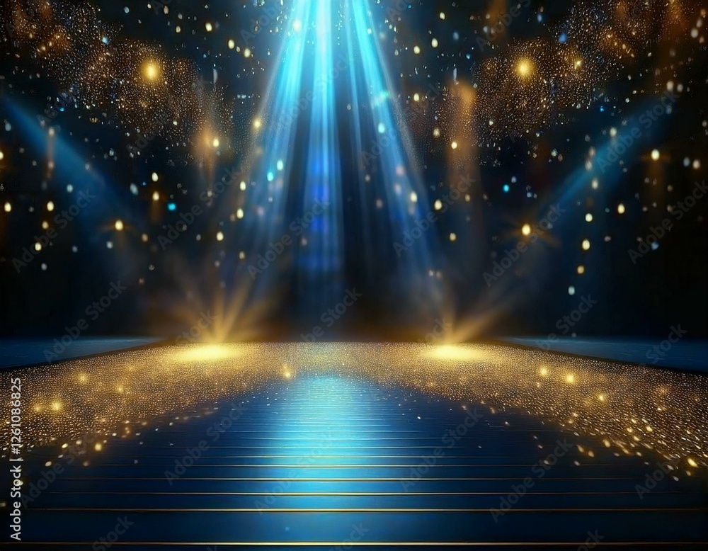 Dark blue stage with golden spotlight lines and glitter texture for award ceremony design ...