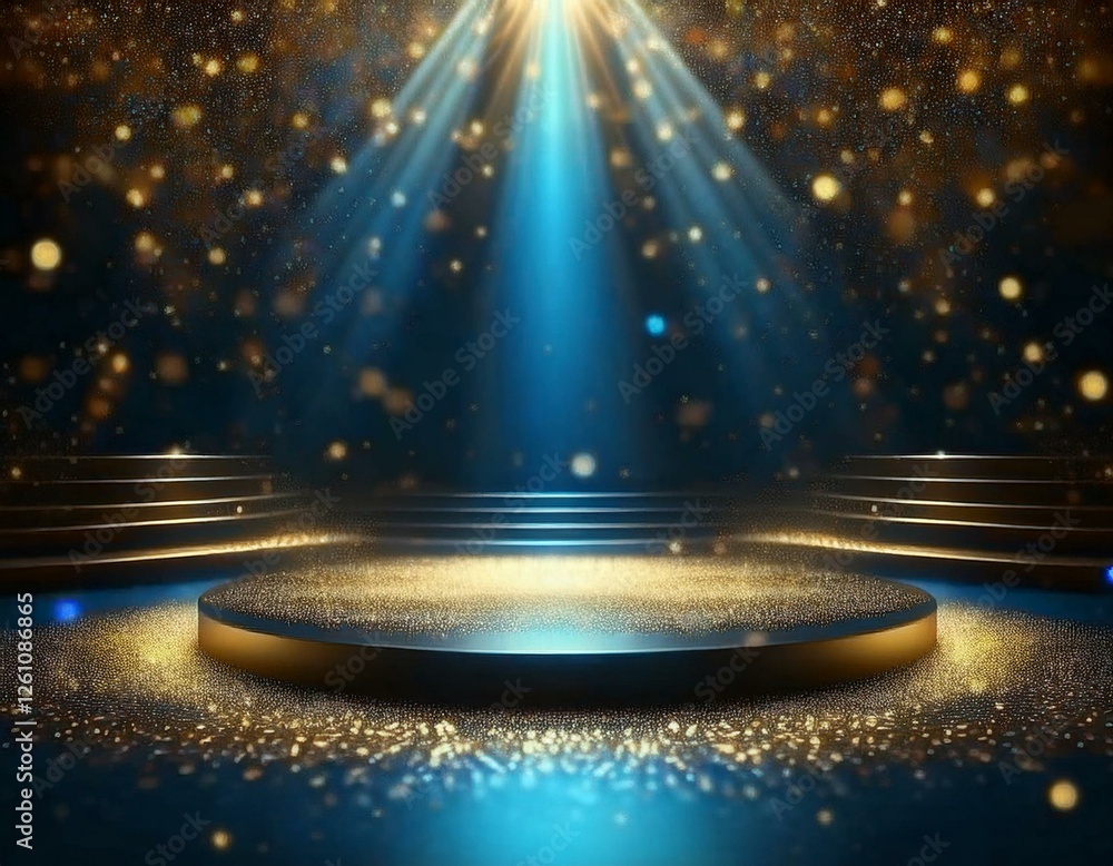 Dark blue stage with golden spotlight lines and glitter texture for award ceremony design ...