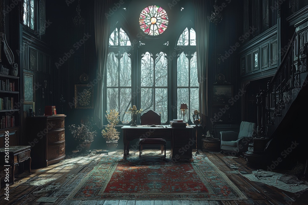 Gothic study room abandoned manor interior scene dark wood paneling ...
