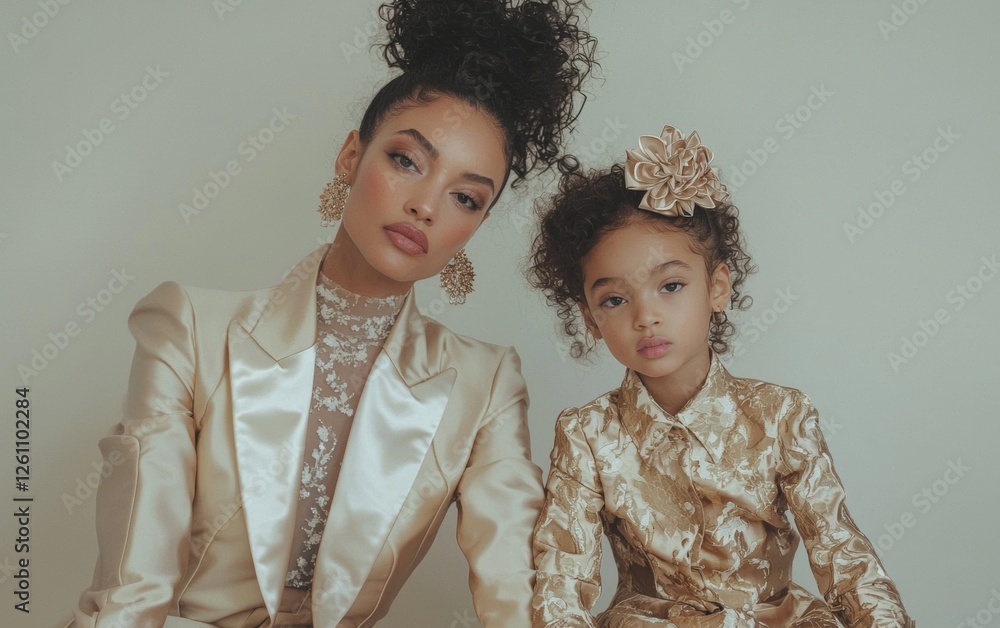 Elegant mother and daughter duo in matching golden outfits posing ...