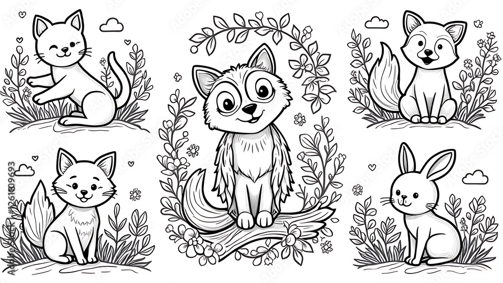 Cute Foxes and Dog, cat Coloring Page Adorable Forest Animals Line Art ...