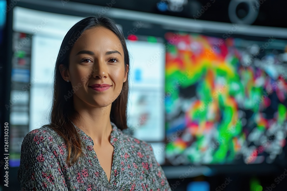 Confident weather presenter explaining forecast with animated maps on a ...