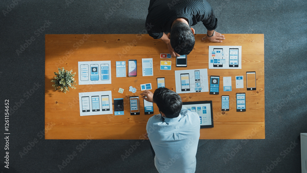 Top view of software developer working on Ux Ui design while team working together to brainstorm ...