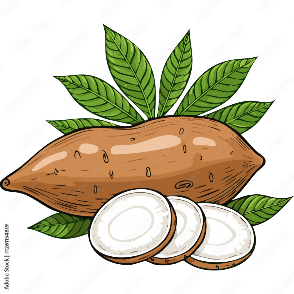 Vector de Stock Tapioca root with leaves vector color illustration in ...