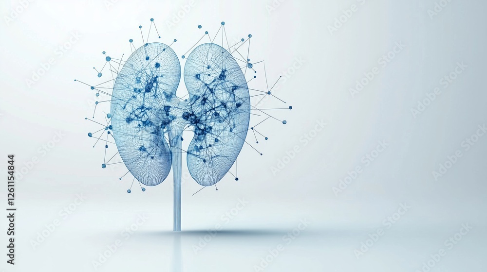 Intricate illustration of a kidney outline created with thin blue lines ...
