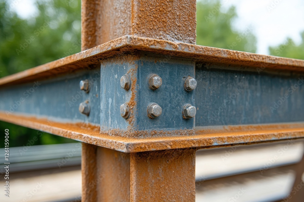 Rusty metal beam and cross beam joint, secured with bolts, showing ...