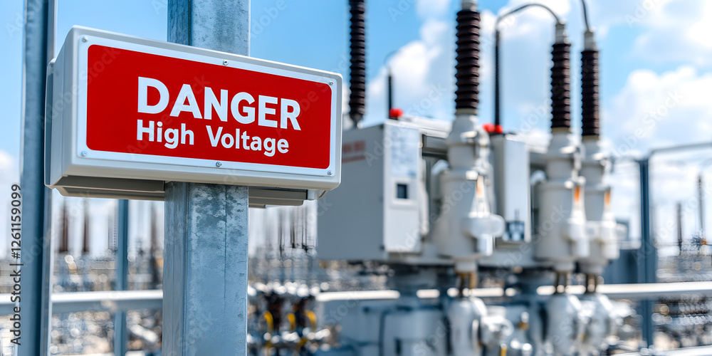 Danger: High Voltage at a Power Substation. Be aware of electrical ...