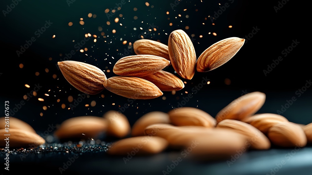 Flying almonds with spices and powder on dark background, dramatic food ...
